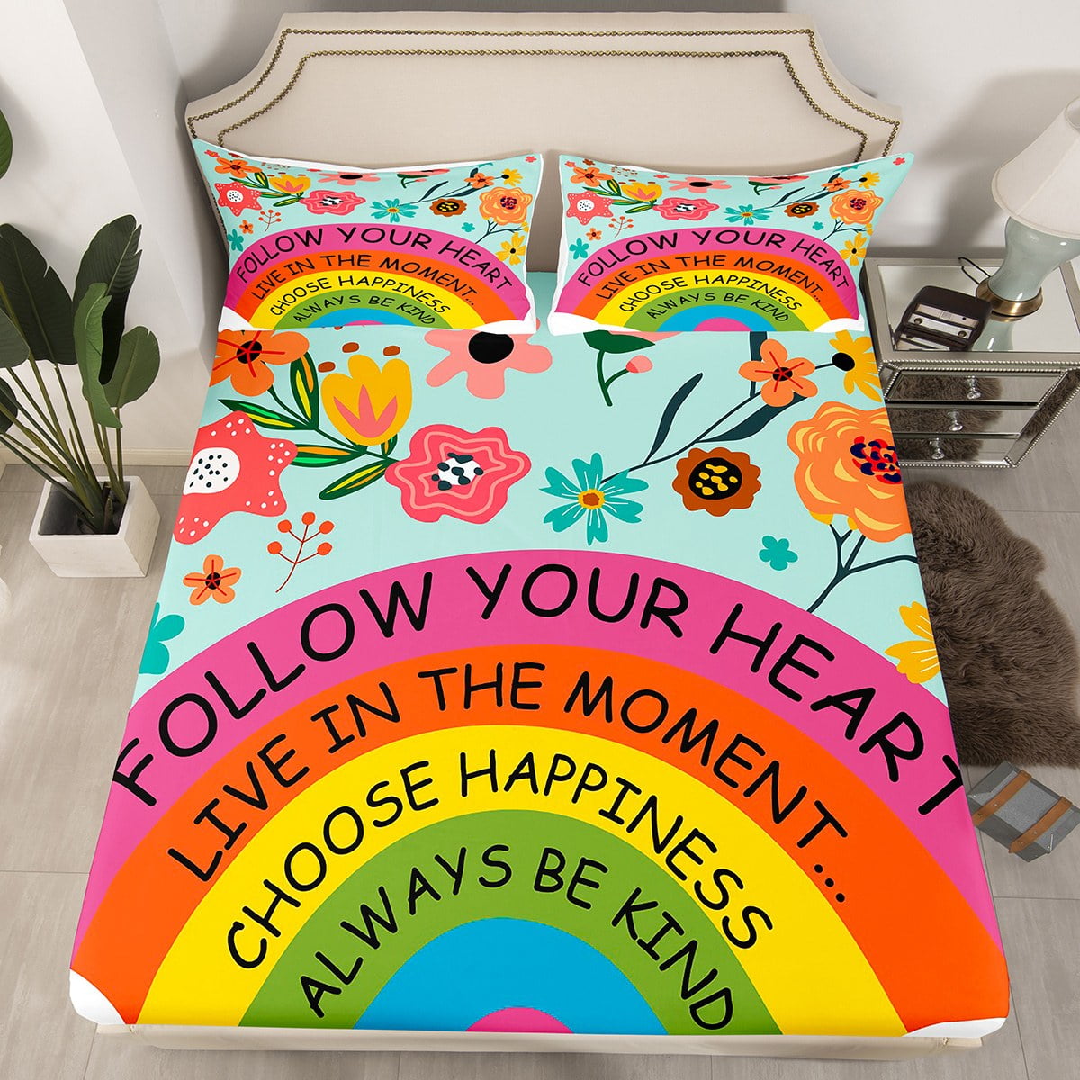 Rainbow Bed Sheets Watercolor Flowers Fitted Sheet Full,Bohemian Floral ...