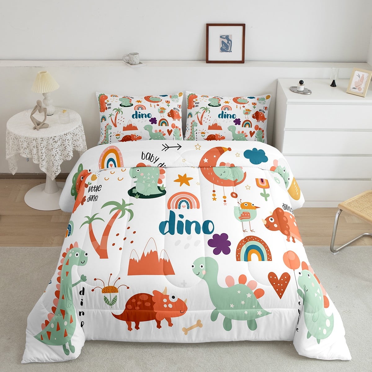 Rainbow Bedding Set Bedroom Decor,Kawaii Dinos Red Teal Dinosaurs Comforter Set Queen,Palm Trees ...