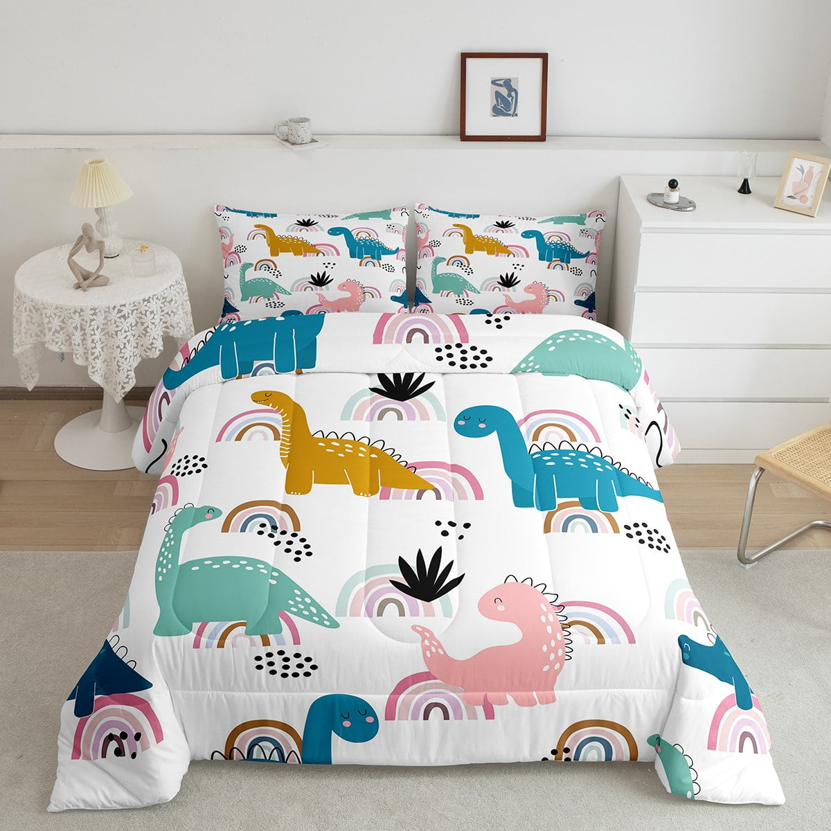 Rainbow Bedding Set for Boys Girls Teens,Cute Dinosaur Queen Comforter ...