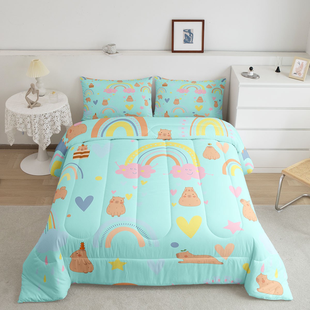 Rainbow Bedding Set , Capybara Full Comforter Set Kawaii Pet Rodent ...