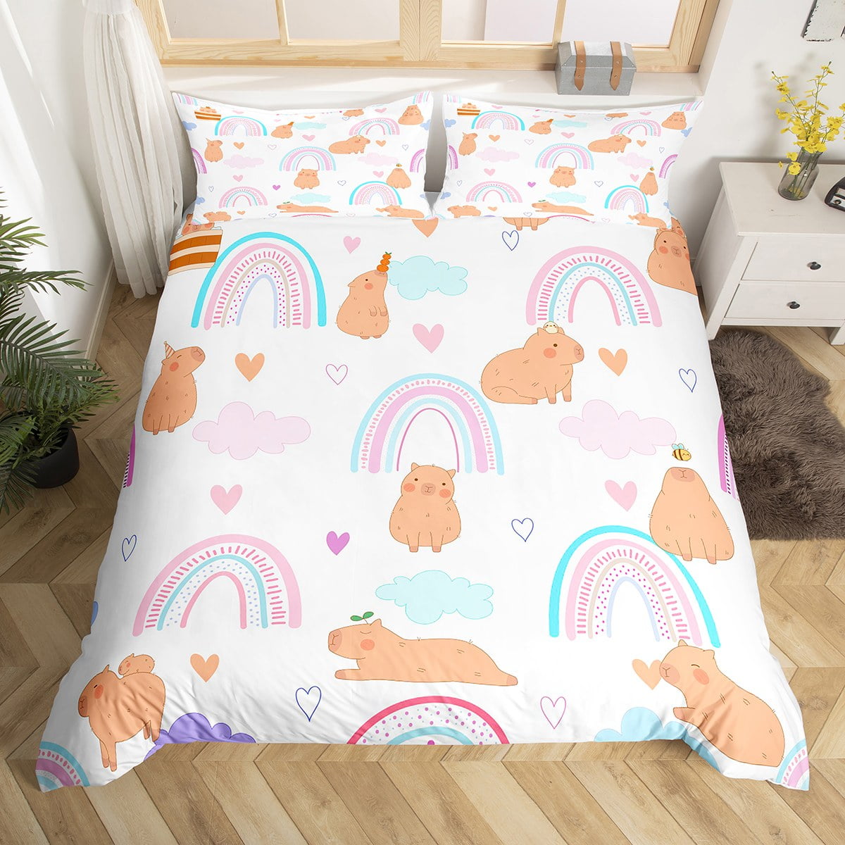 Rainbow Bedding Set For Kids Girls, Capybara Lover Comforter Cover ...