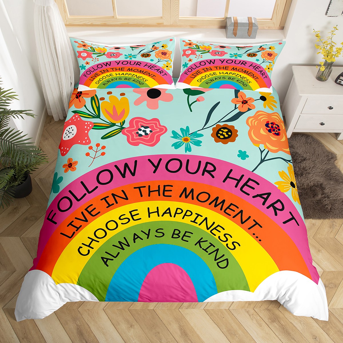 Rainbow Bedding Set Watercolor Flowers Duvet Cover Twin,Bohemian Floral ...