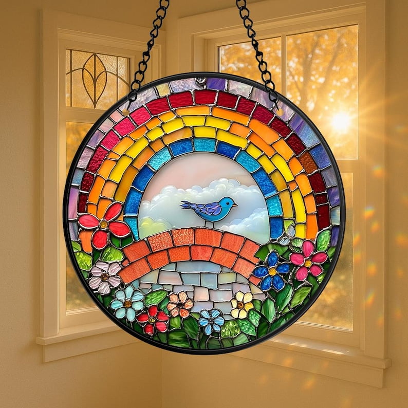 Rainbow Bird Garden Suncatcher | Acrylic And Stained Glass Round Window ...