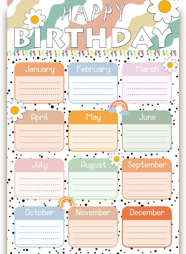 Rainbow Birthday Poster Birthday Calendar Chart Flowers Daisy Design ...