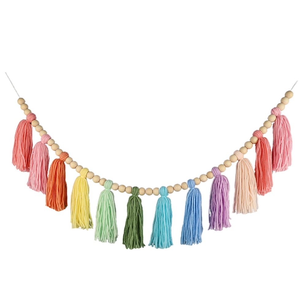Rainbow Boho Tassel Garland with Wood Beads Colorful Wall Hanging ...