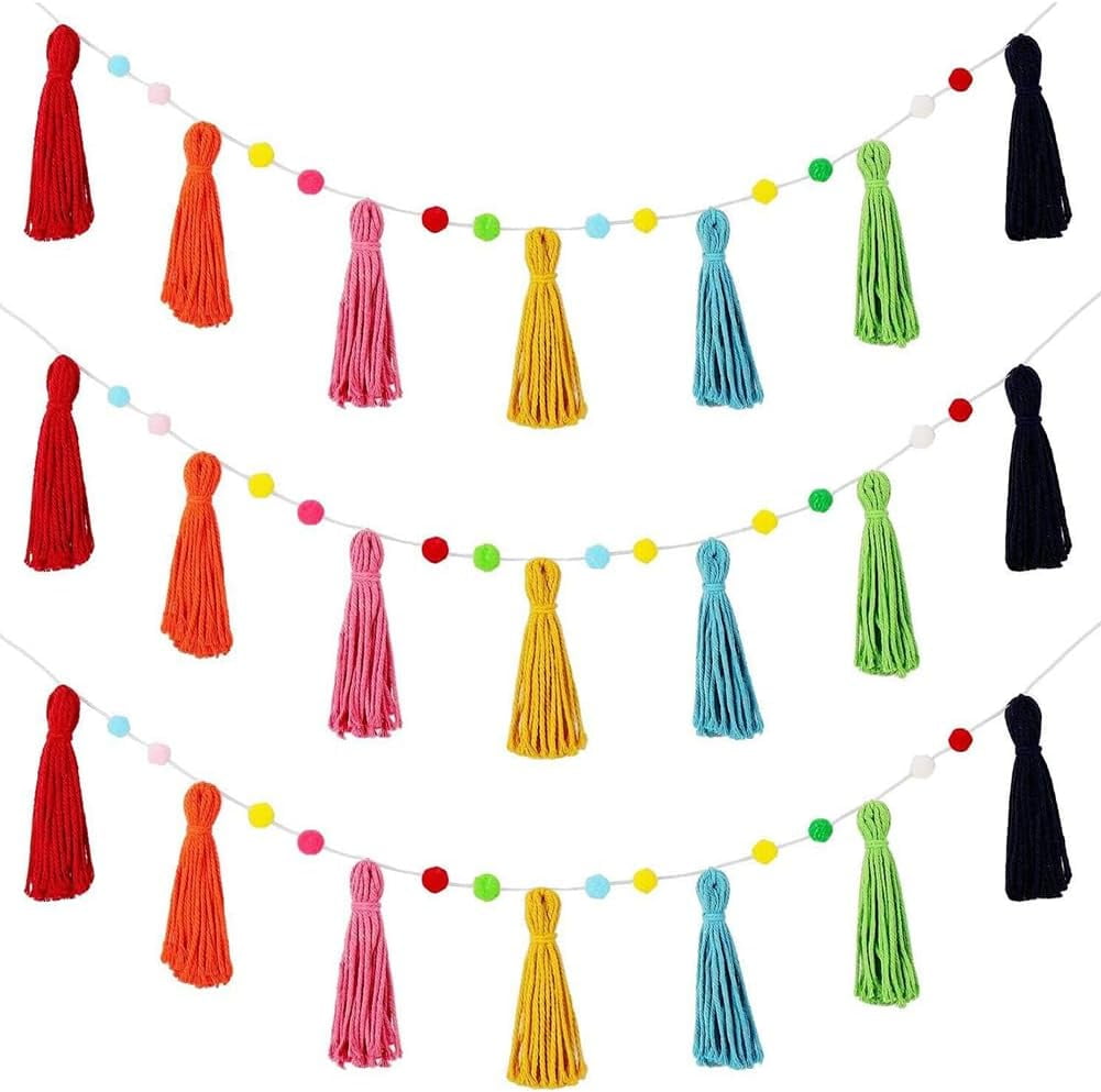 Rainbow Boho Yarn Tassel Garland Colorful Wall Hanging Tassels Banner ...