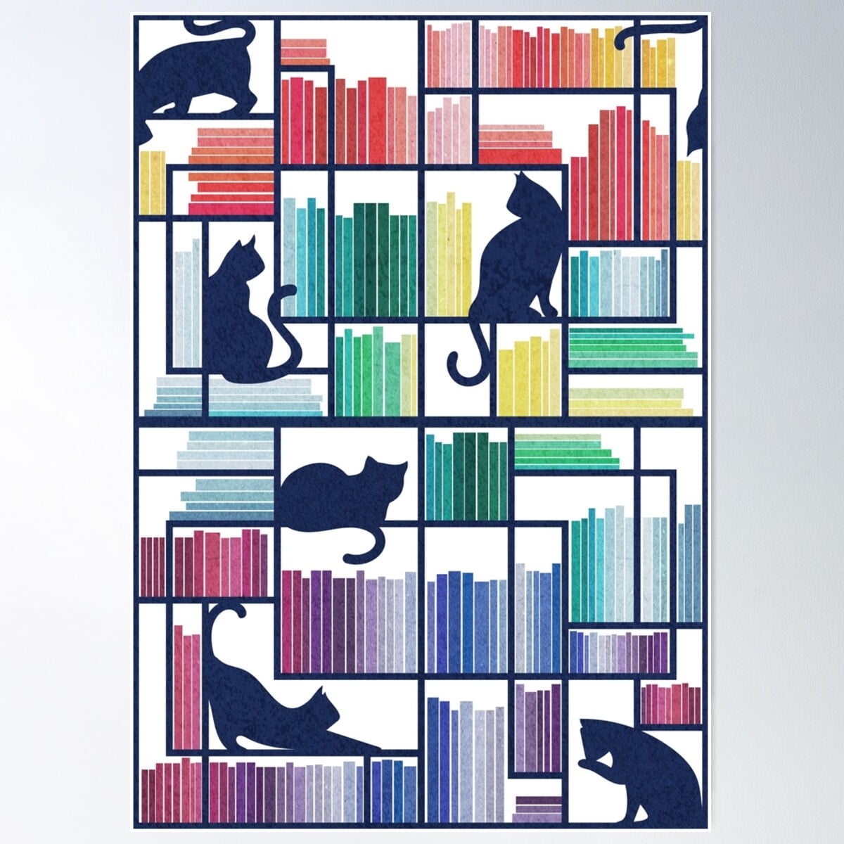 Rainbow Bookshelf // White Background Navy Blue Shelf And Library Cats ...
