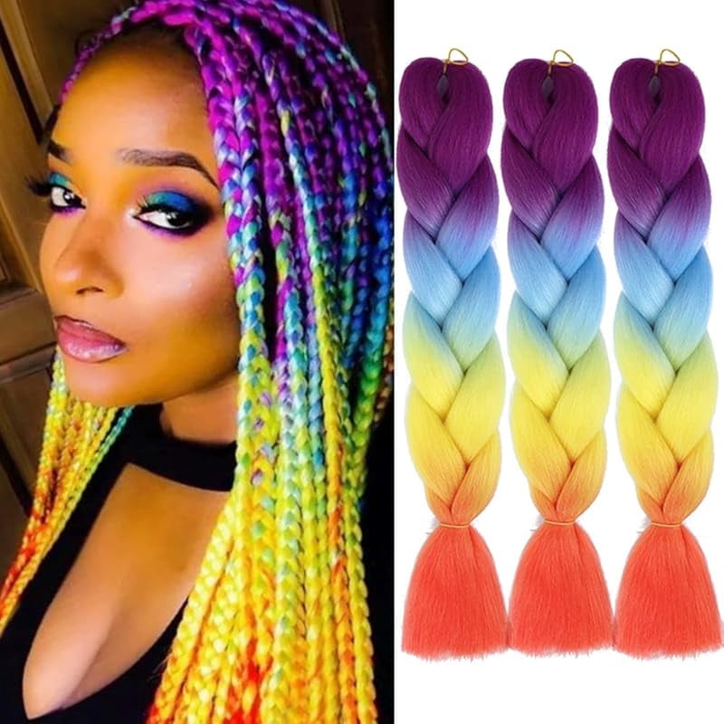 Rainbow Braiding Hair Extension 24 Inch 3 Packs Synthetic Profession ...