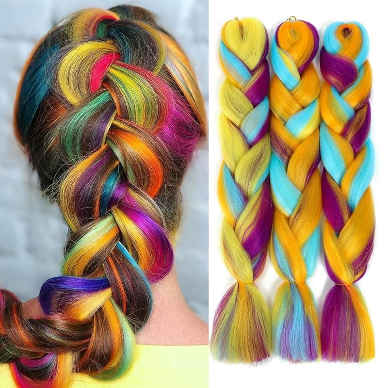 Rainbow Braiding Hair Extension 24 Inch 3 Packs Synthetic Profession Jumbo Braid in Hair ...
