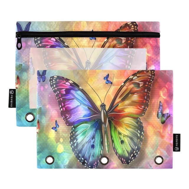 Rainbow Butterflies 2 Pack Pencil Pouch for 3 Ring Binder Smooth Zipper ...