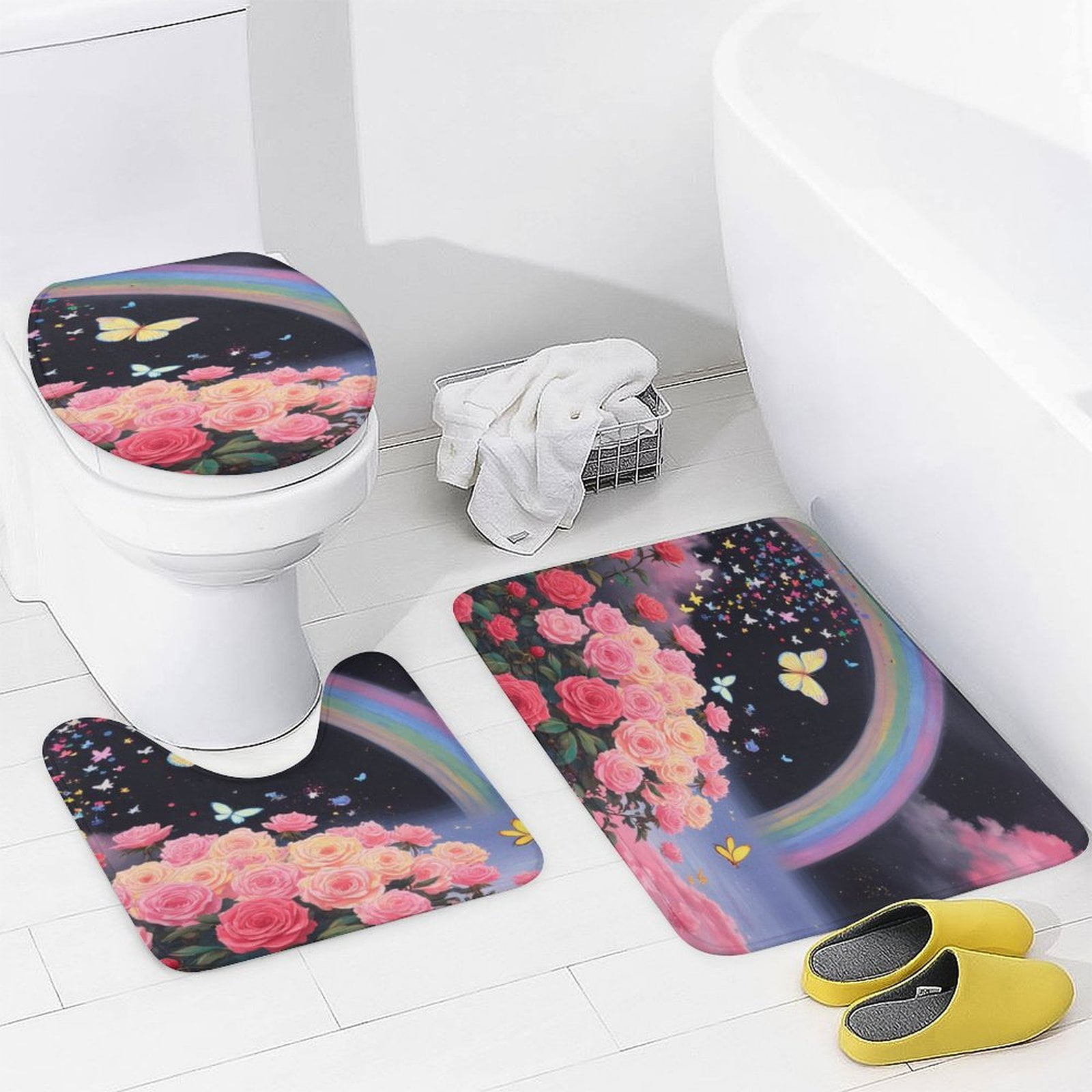 Rainbow Butterflies And Roses Bathroom Mats Sets 3 Piece, Bath Mat ...