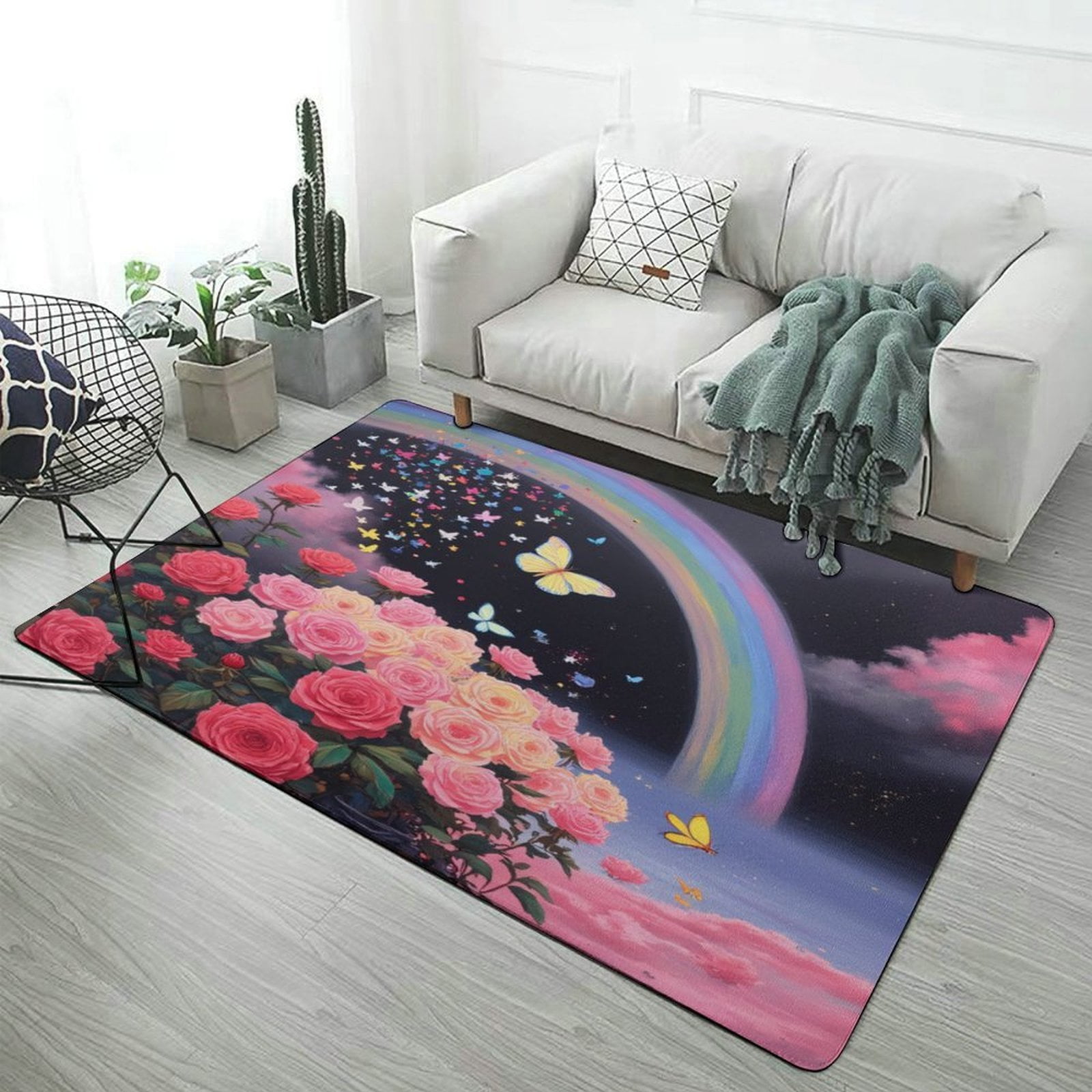 Rainbow Butterflies And Roses Carpet Style Living Room Bedroom Rug ...