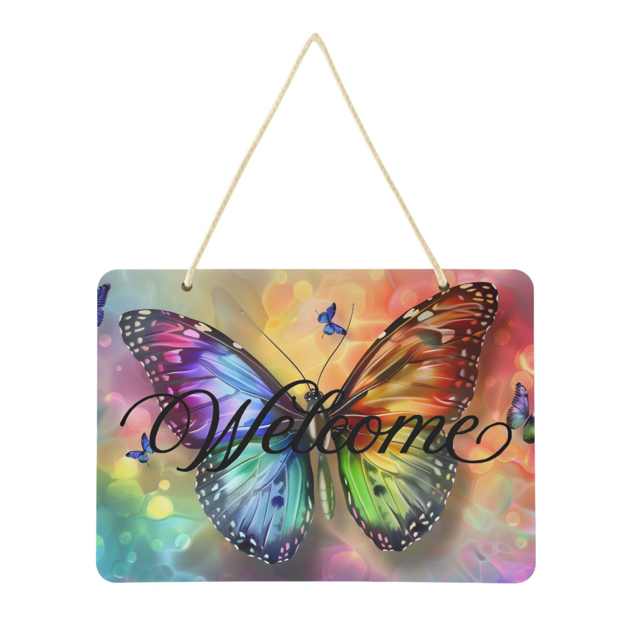 Rainbow Butterflies Welcome Sign Front Door PVC 14x10 inch Hanger Hello ...