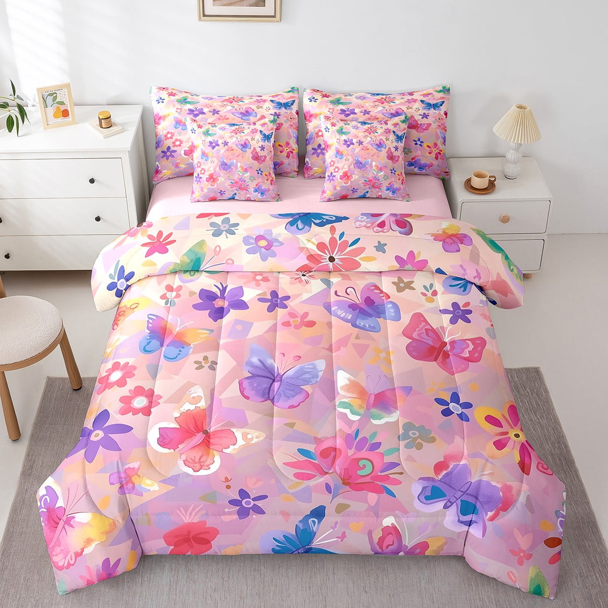 Rainbow Butterfly Bed in a Bag Queen Comforter Set 7 Piece,Watercolor ...