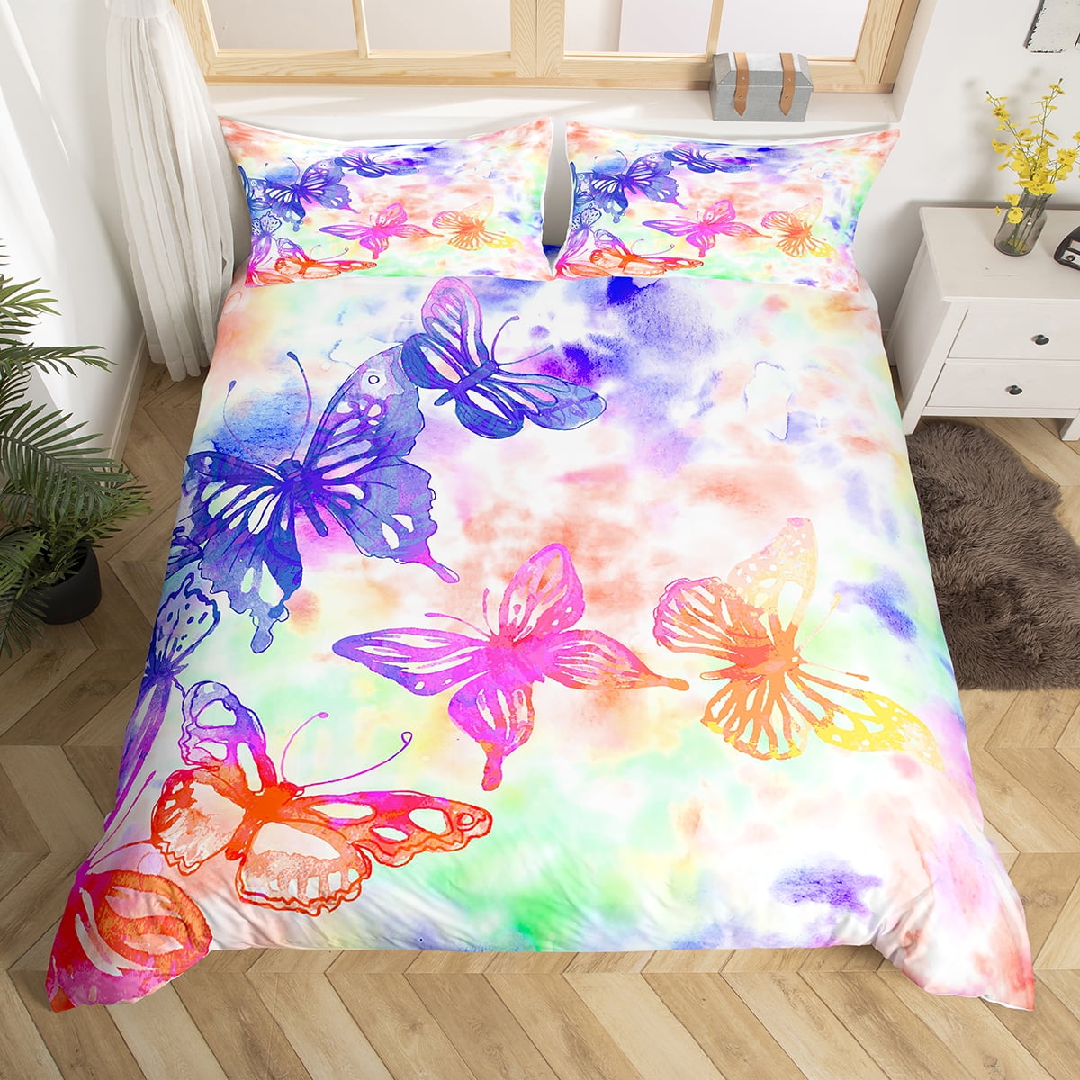 Rainbow Butterfly Bedding Sets Twin, Ombre Tie Dye Duvet Cover Teens ...