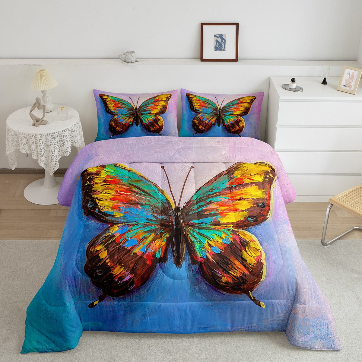 Rainbow Butterfly Comforter Set Full Oil Painting Bedding Set Navy Blue ...