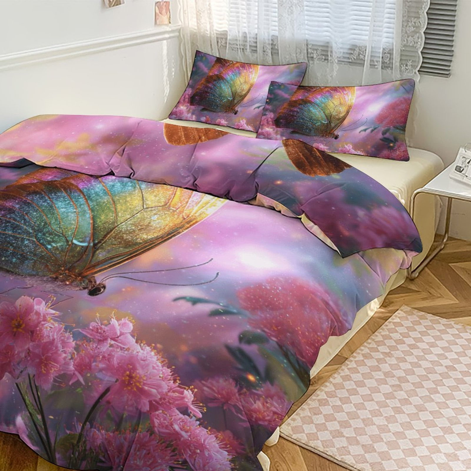 Rainbow Butterfly Magic Pink Flowers Bedding Set with Zipper Closure ...