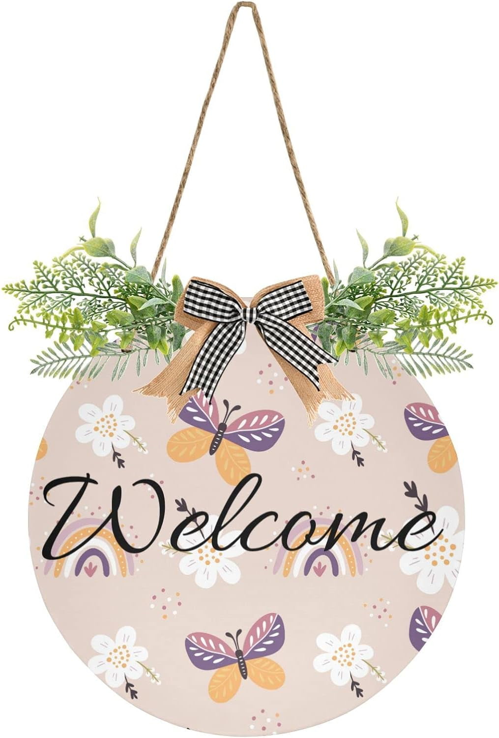 Rainbow Butterfly Pattern Welcome Sign for Front Door, Round Sign ...