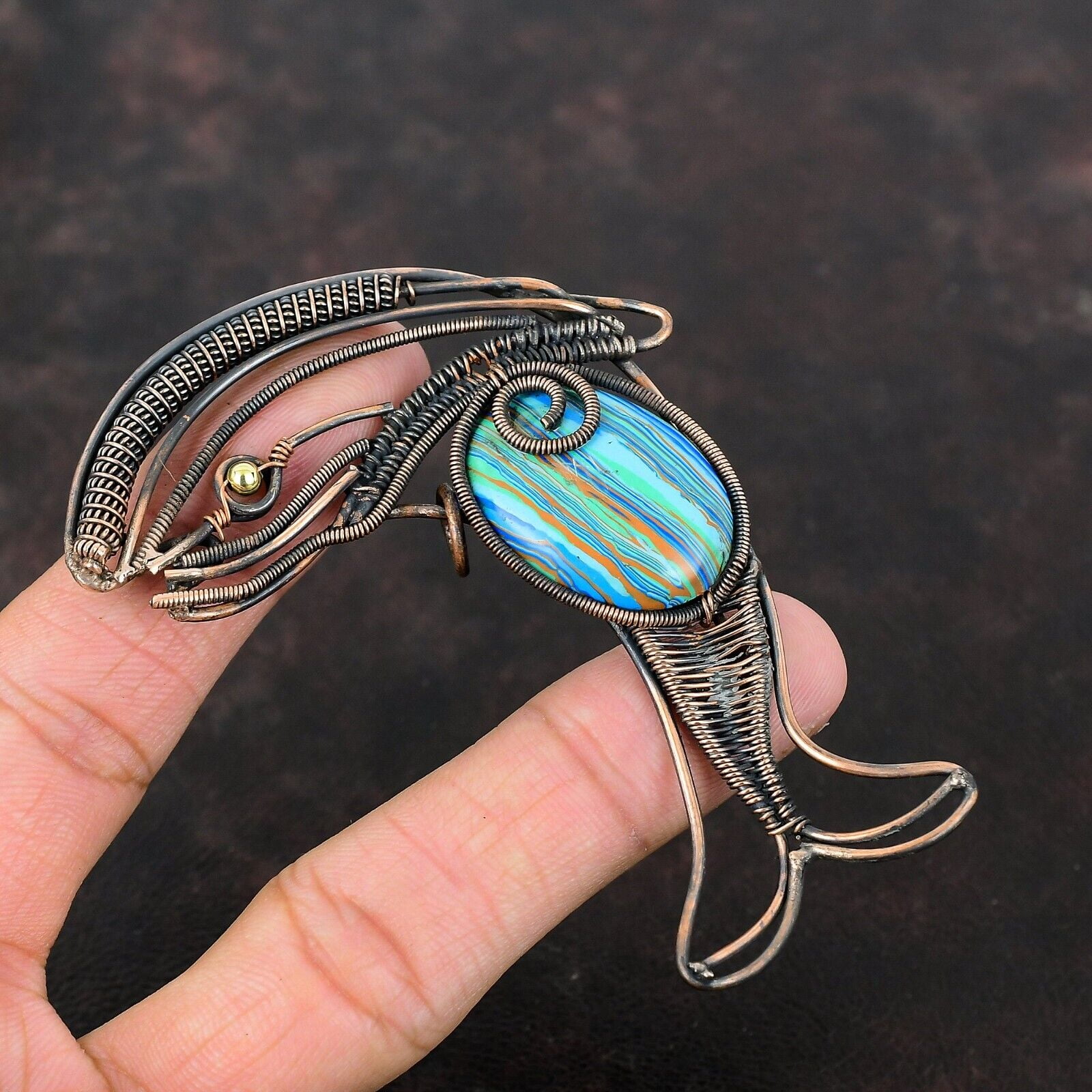 Rainbow Calsilica Copper Gift For Briedsmaid Wire Wrapped Fish Pendant ...