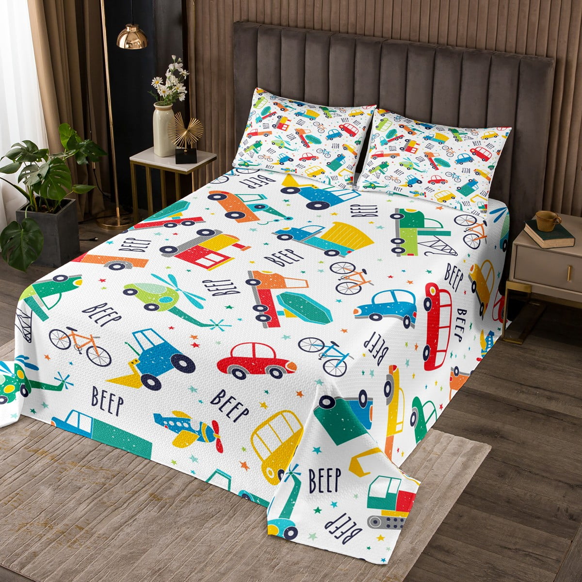 Rainbow Car Quilt Set Cartoon Vehicles King Bedspread Set,Multicolor ...