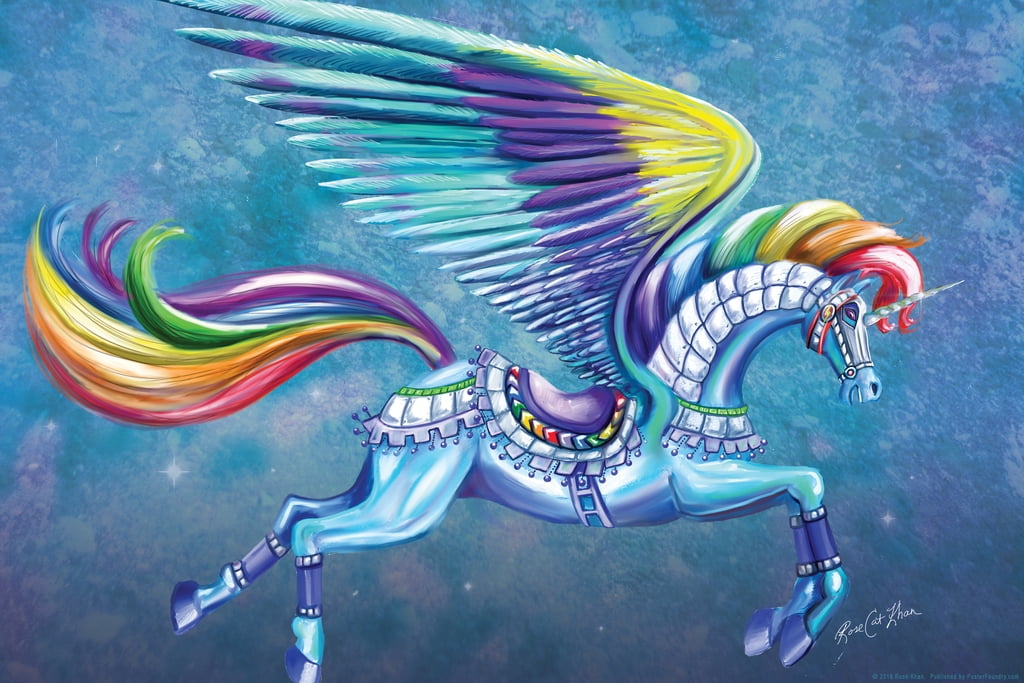 Rainbow Carousel Horse Unicorn Pegasus by Rose Khan Cool Wall Art Print ...