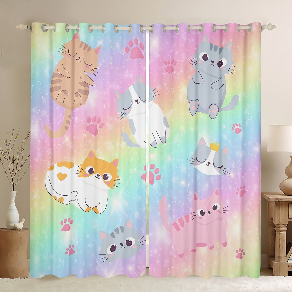 Rainbow Cat 52"Wx63"L Blackout Curtains For Girls Bedroom Cute Cats ...