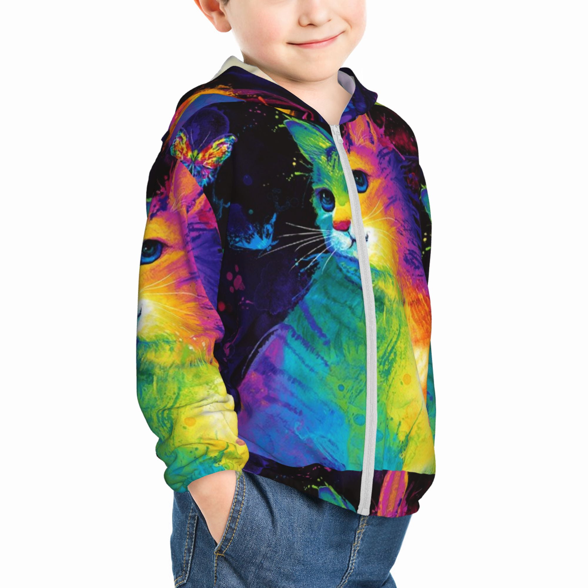Rainbow Cat Butterfly Colorful Kids Zip-Up Hoodie Girls Boys Sun Protection Jacket Hooded ...