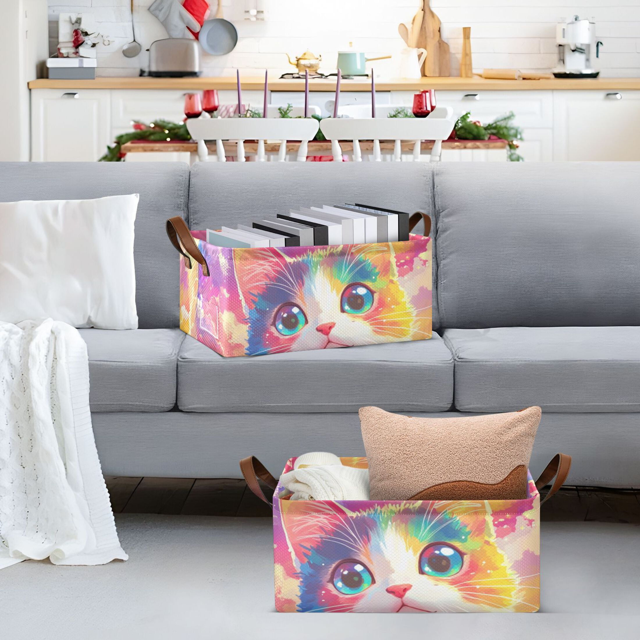 Rainbow Cat Clouds Storage Bins with Handles Foldable Storage Baskets ...