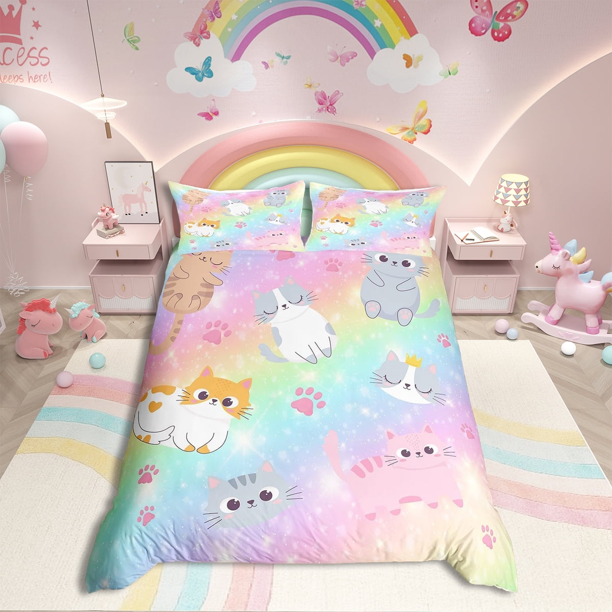 Rainbow Cat Queen Bedding Sets , Cute Cats Comforter Cover Teen Women ...