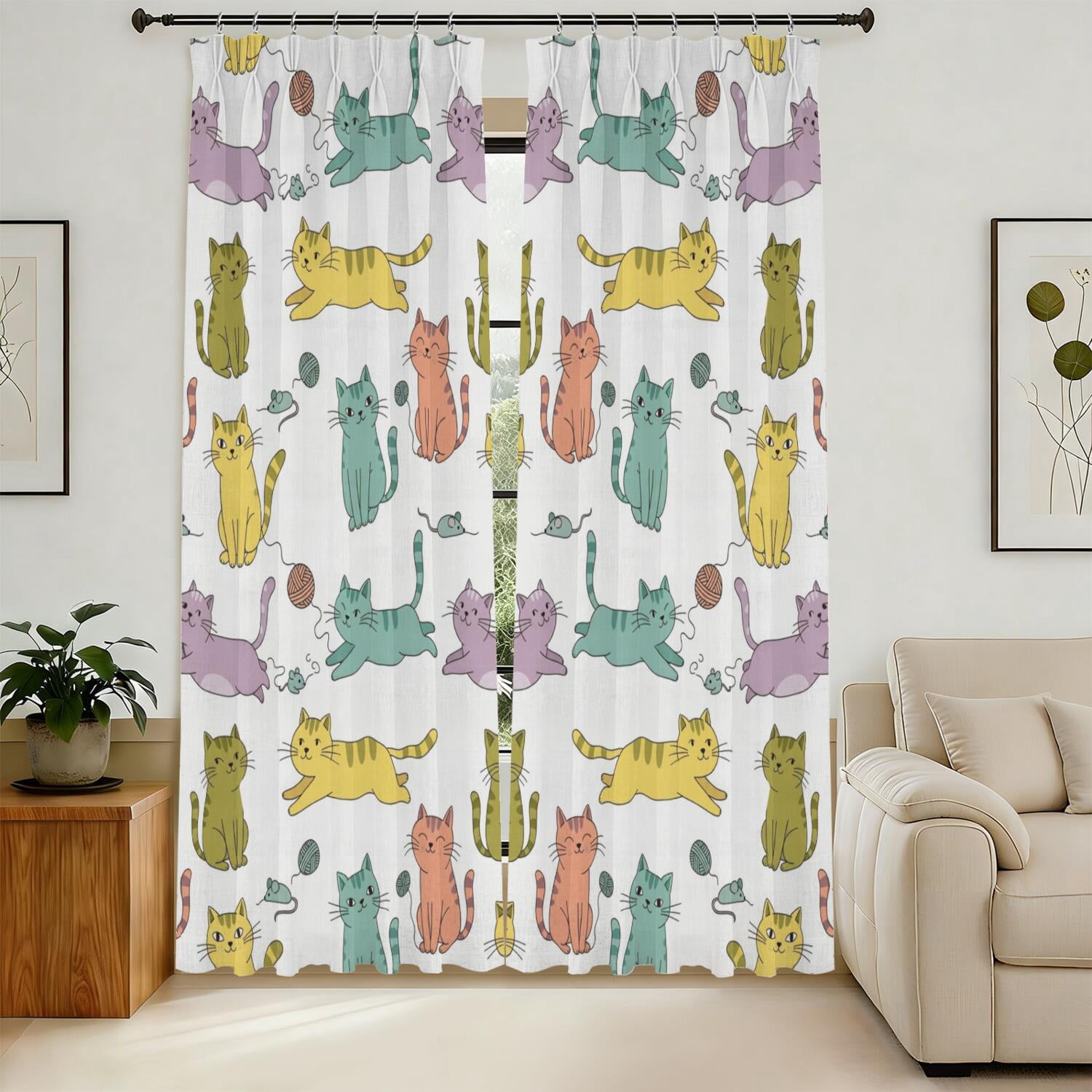 Rainbow Cat and Yarn White Pattern Pinch Pleat Semi Sheer Linen ...