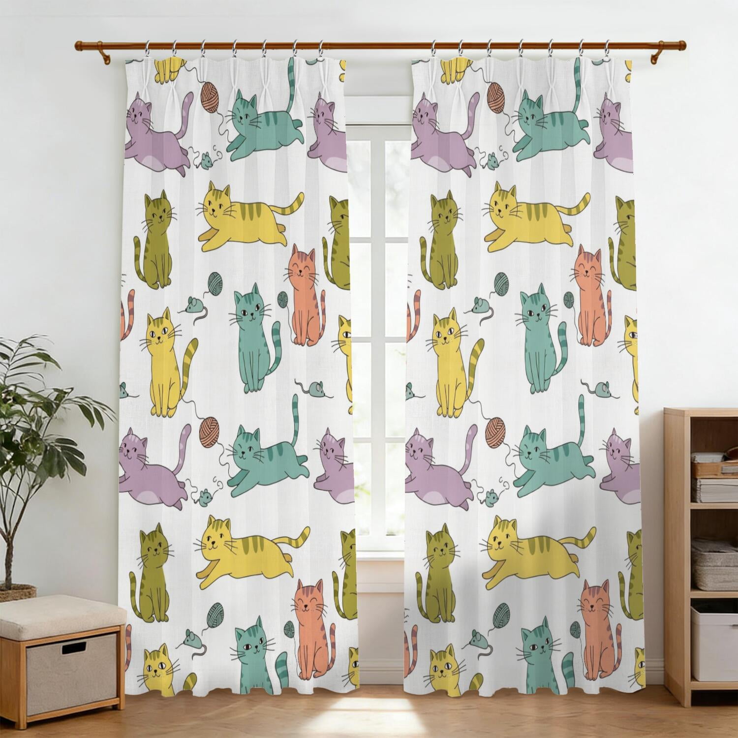 Rainbow Cat and Yarn White Pattern Pinch Pleat Semi Sheer Linen ...