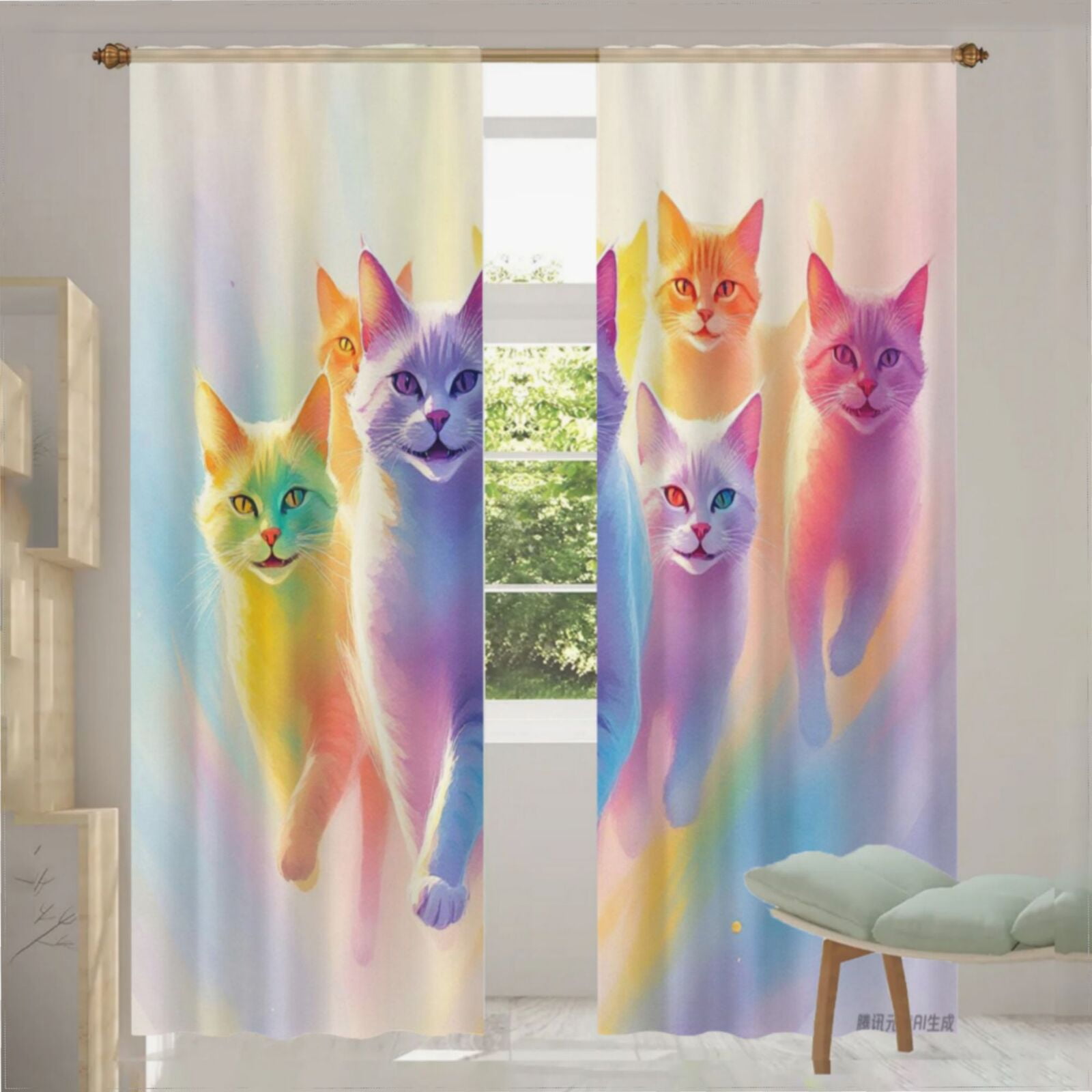 Rainbow Cats Curtains for Living Room Bedroom Decor Transparent Chiffon ...