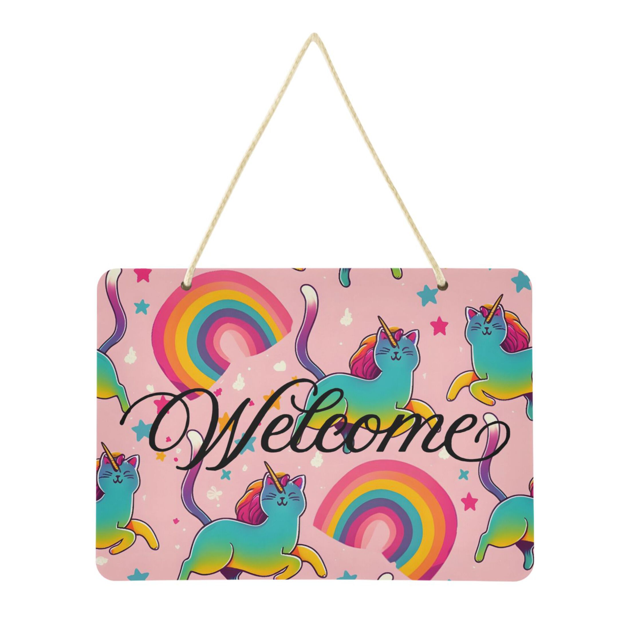 Rainbow Cats Unicorns Welcome Sign Front Door PVC 14x10 inch Hanger ...