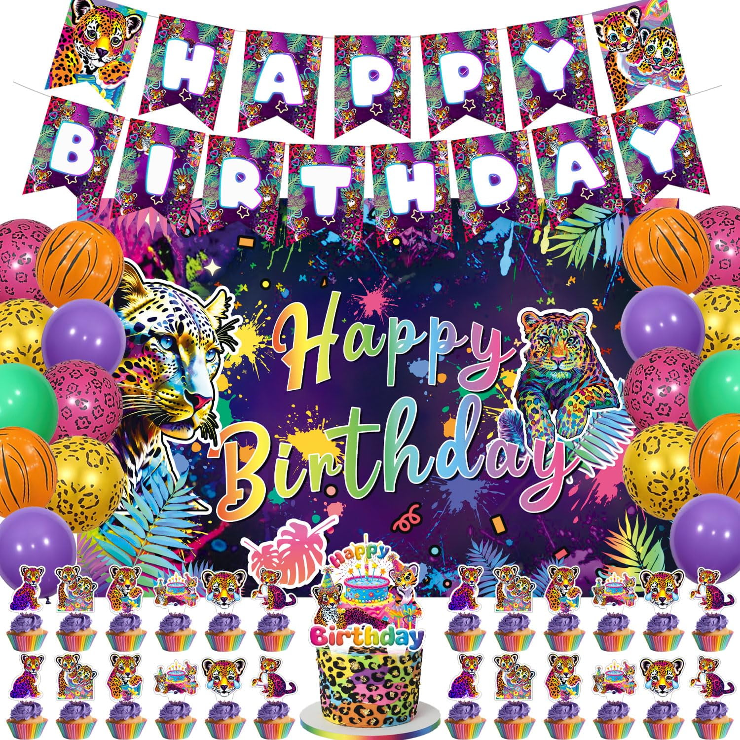 Rainbow Cheetah Birthday Decorations for Fans, Leopard Print Happy ...