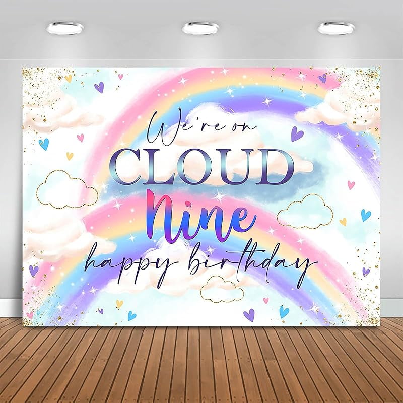 Rainbow Cloud 9 Backdrop We're on Cloud 9 Happy Birthday Background ...