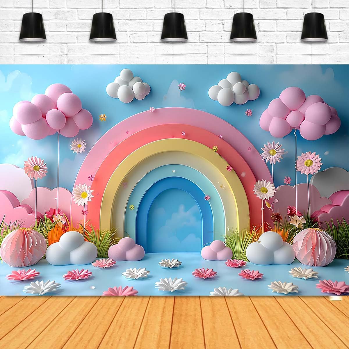 Rainbow Cloud Balloon Arch Photo Background Blue Sky White Clouds Baby Shower Newborn Backdrop ...
