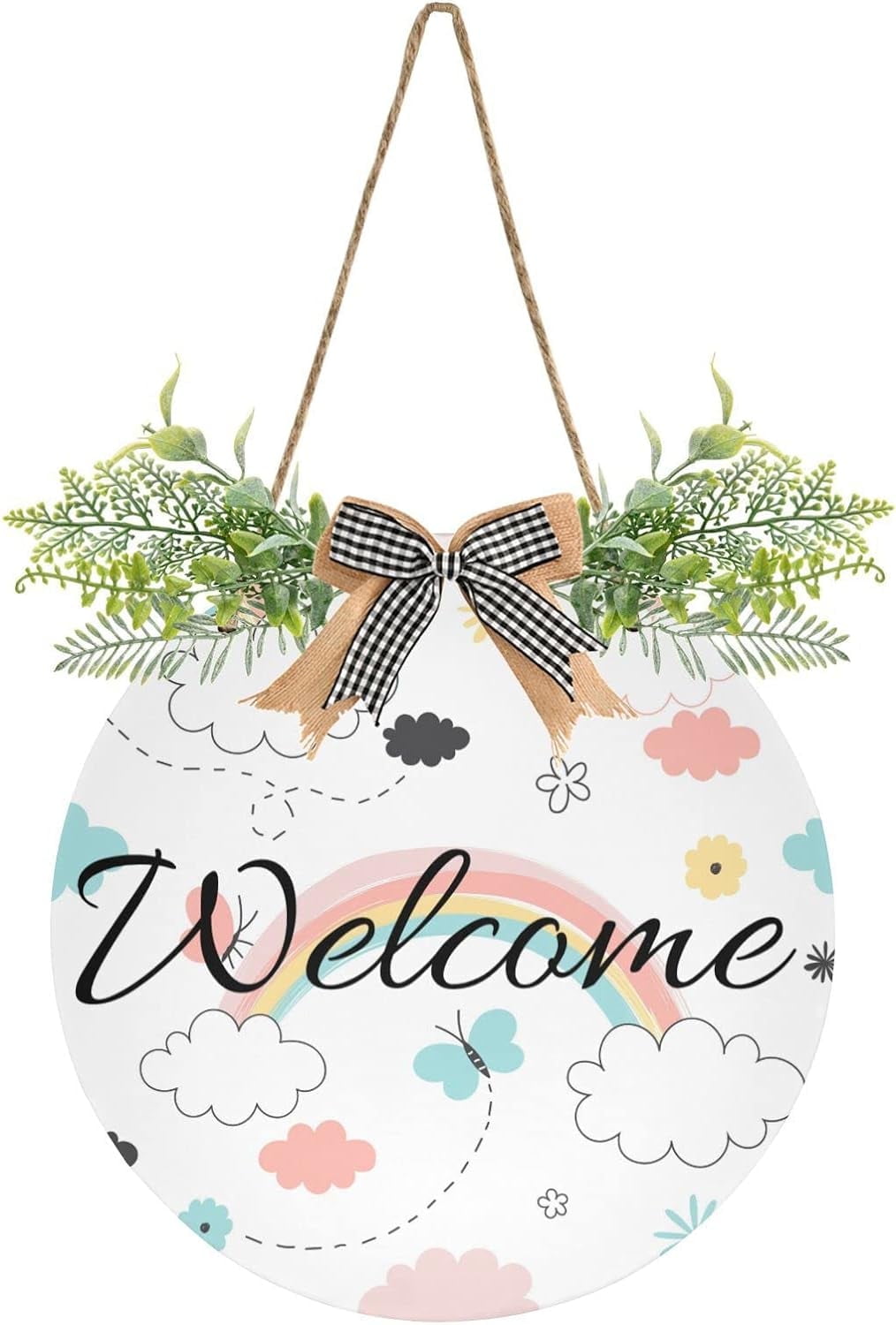 Rainbow Cloude Welcome Sign for Front Door, Round Sign Hanging Welcome ...