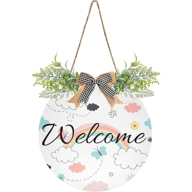 Rainbow Cloude Welcome Sign for Front Door, Round Sign Hanging Welcome ...