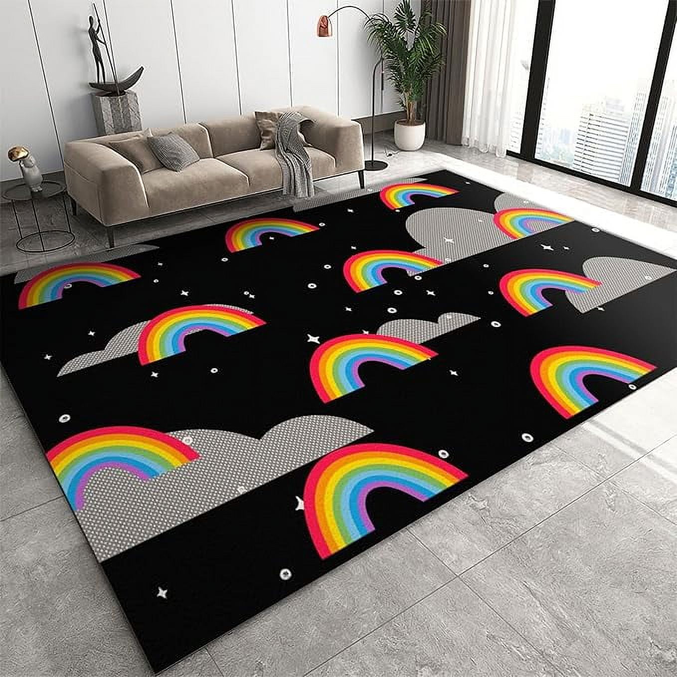 Rainbow Clouds Children's Room Rug, Black Background Stars Rugs For ...