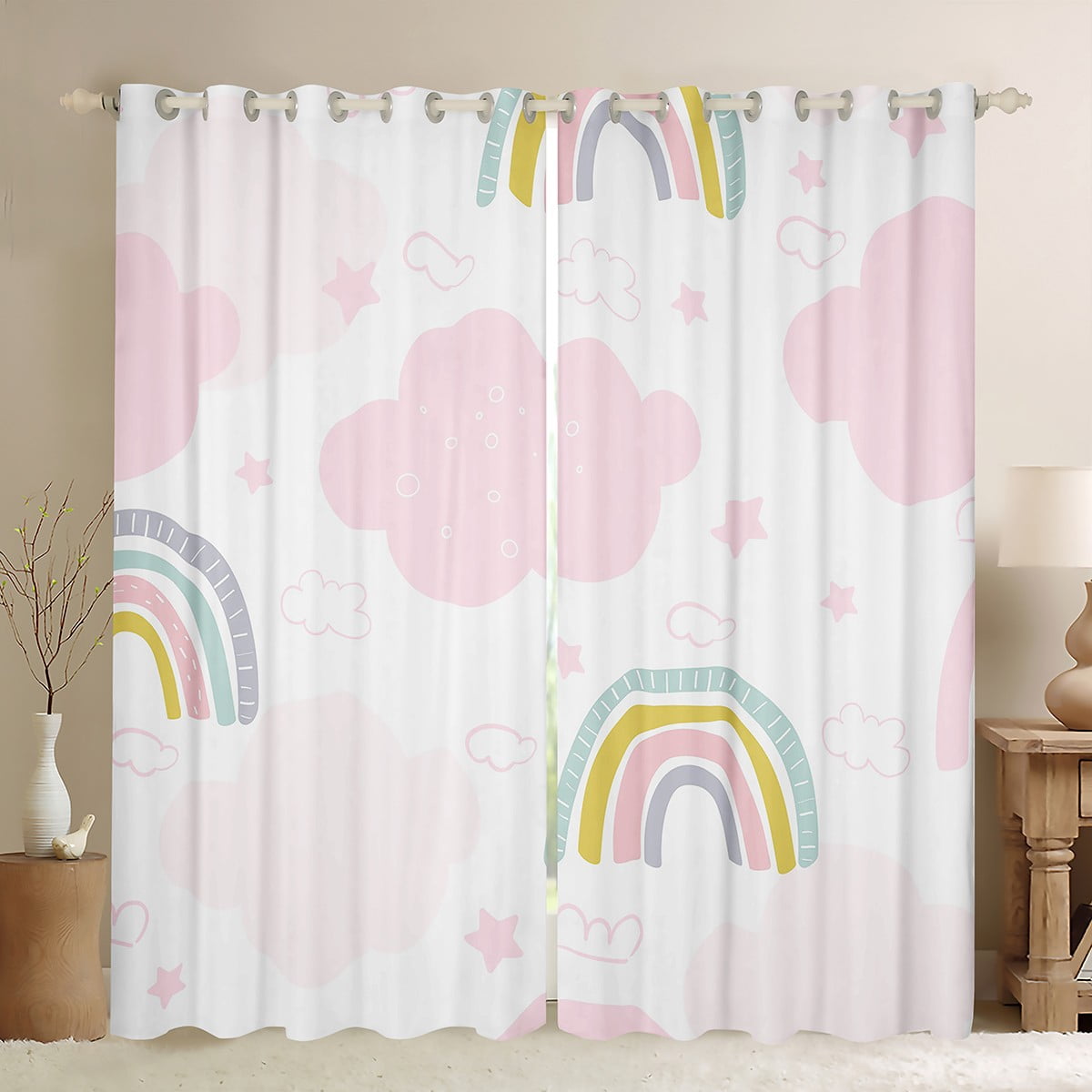 Rainbow Clouds Curtains, Kawaii Cloud 30%-50% Blackout Curtains Pink ...