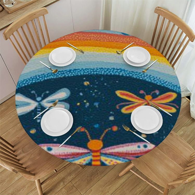Rainbow Clouds Round Tablecloth Boho Colorful Rainbow Elastic Fitted ...