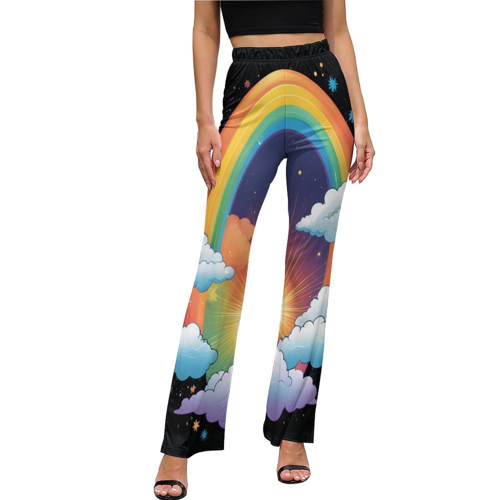 Rainbow Clouds Splash Art High Waisted Casual Flared Trousers Summer ...