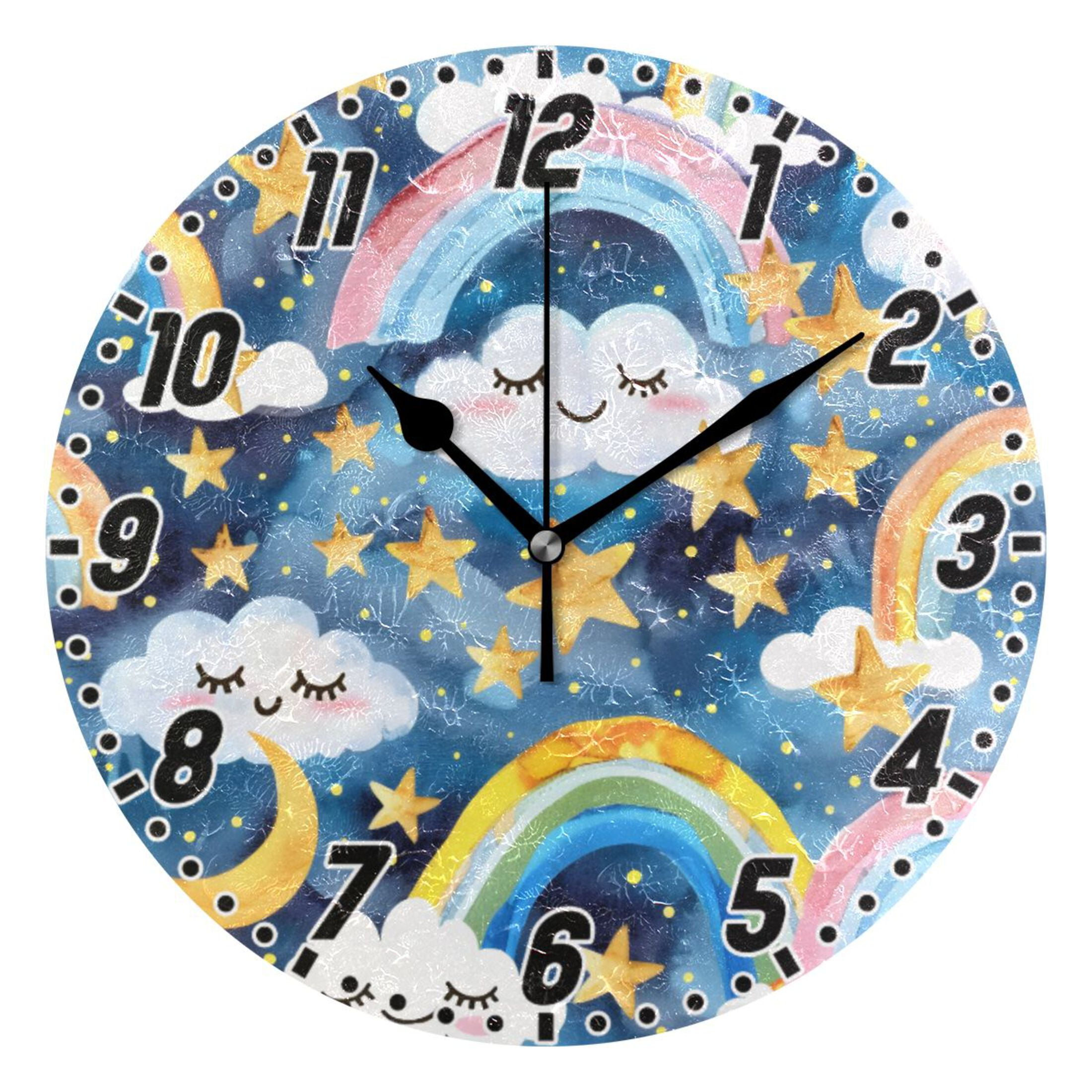 Rainbow Clouds Stars Moon Wall Clock 9.8 inch Battery Operated Clocks ...