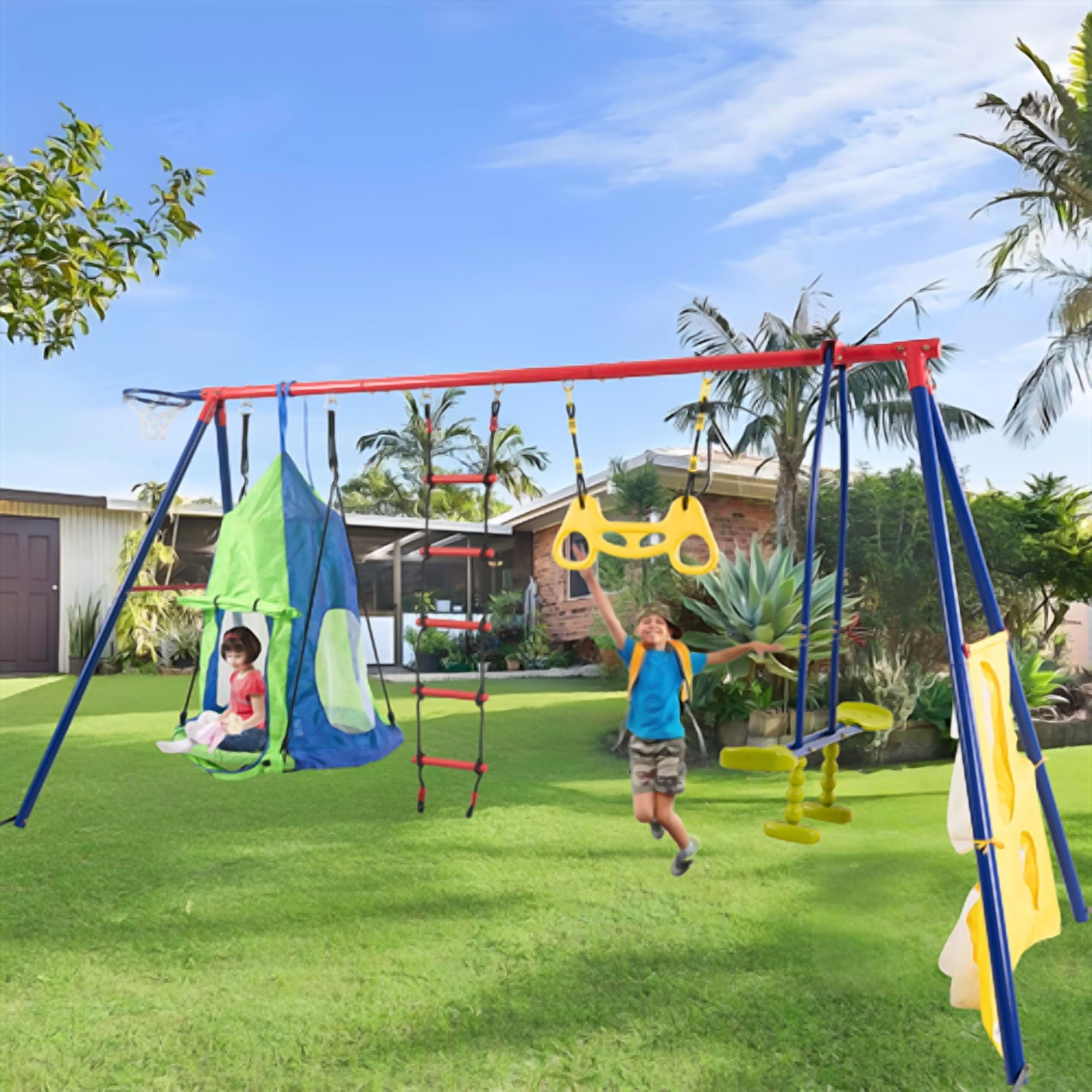 Rainbow Color 6 In1 Swing Set for Age 3+, Outdoor Swing Set with Tent ...