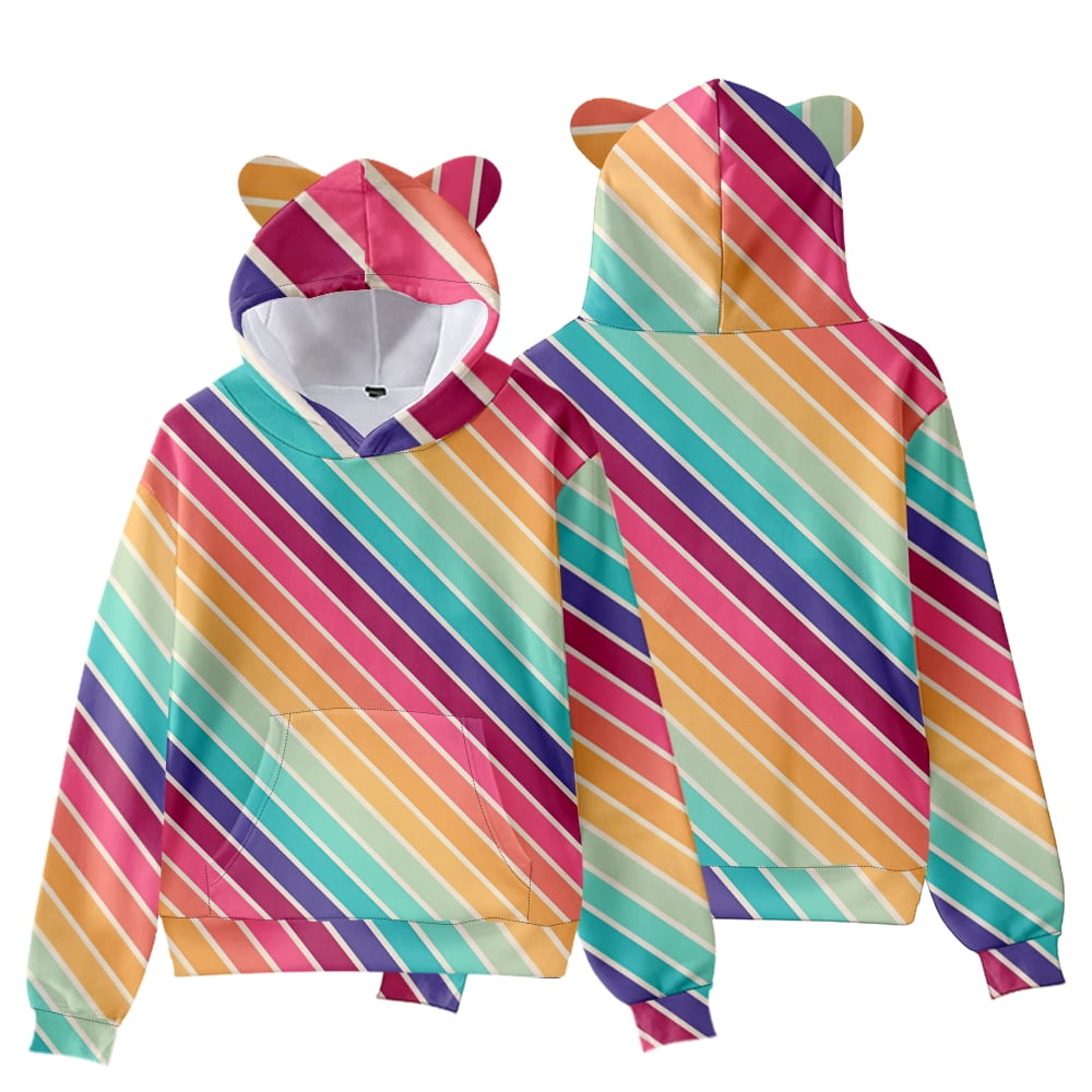 Rainbow Color Diagonal Stripe 3D Print Cosplay Fashion Men/Women Bear Ears Kawaii Hoodie Casual ...