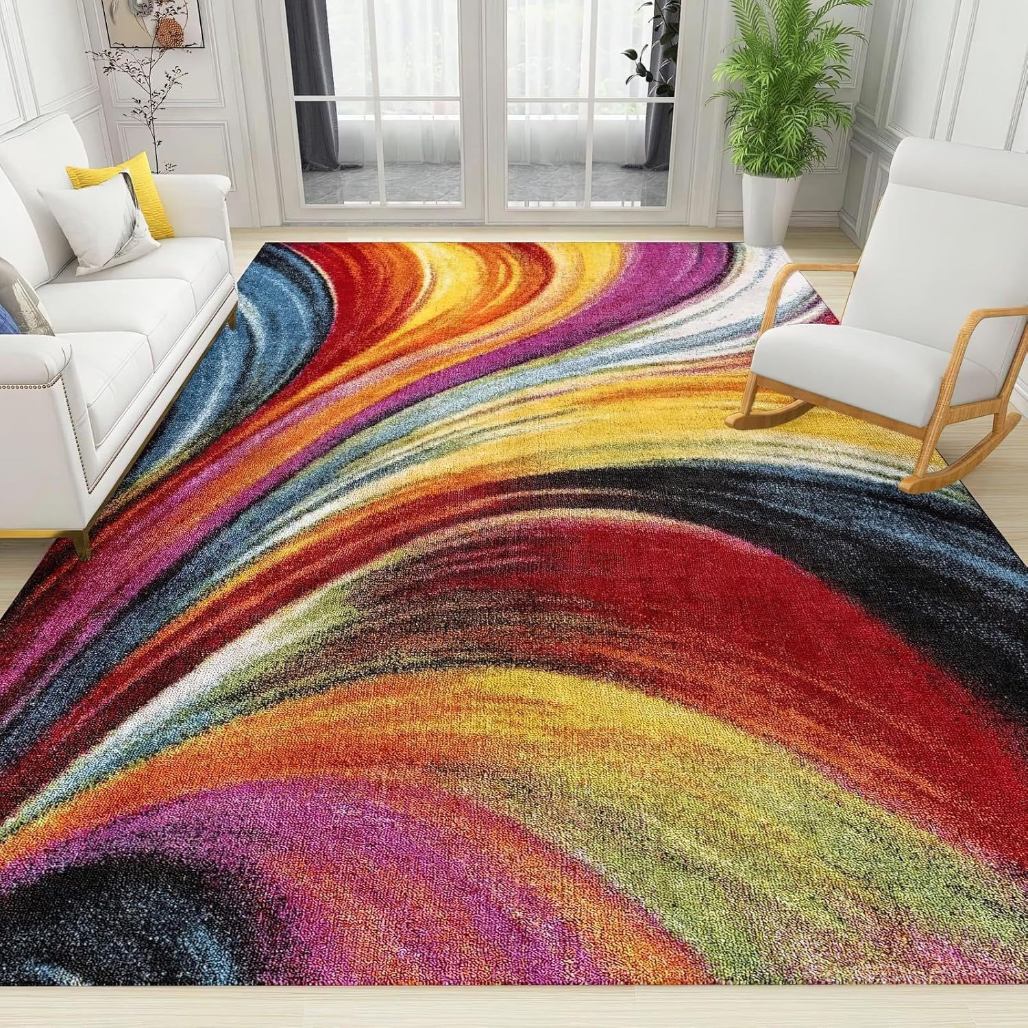 Rainbow Color Retro Abstract Art Area Rugs, Watercolor Bohemian Doodle ...