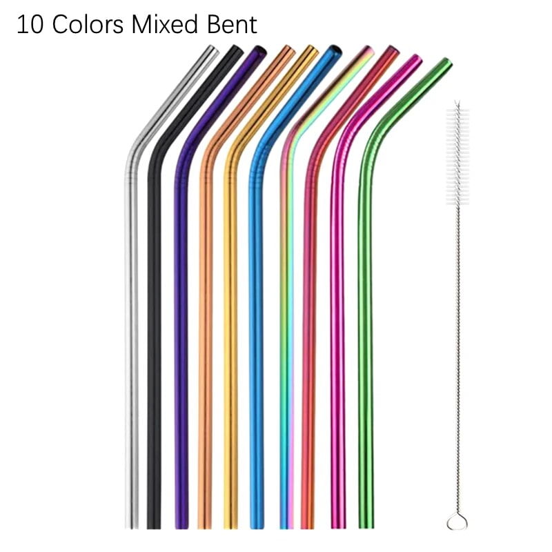Rainbow Color Reusable Metal Straws Set with Cleaner Brush 304 ...