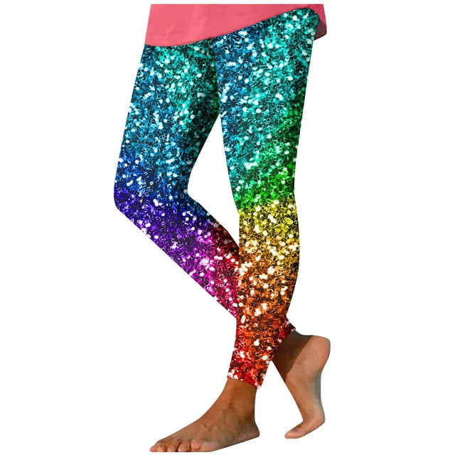 Rainbow Color Sparkly Leggings for Women - Stretchy High Waisted Tummy ...