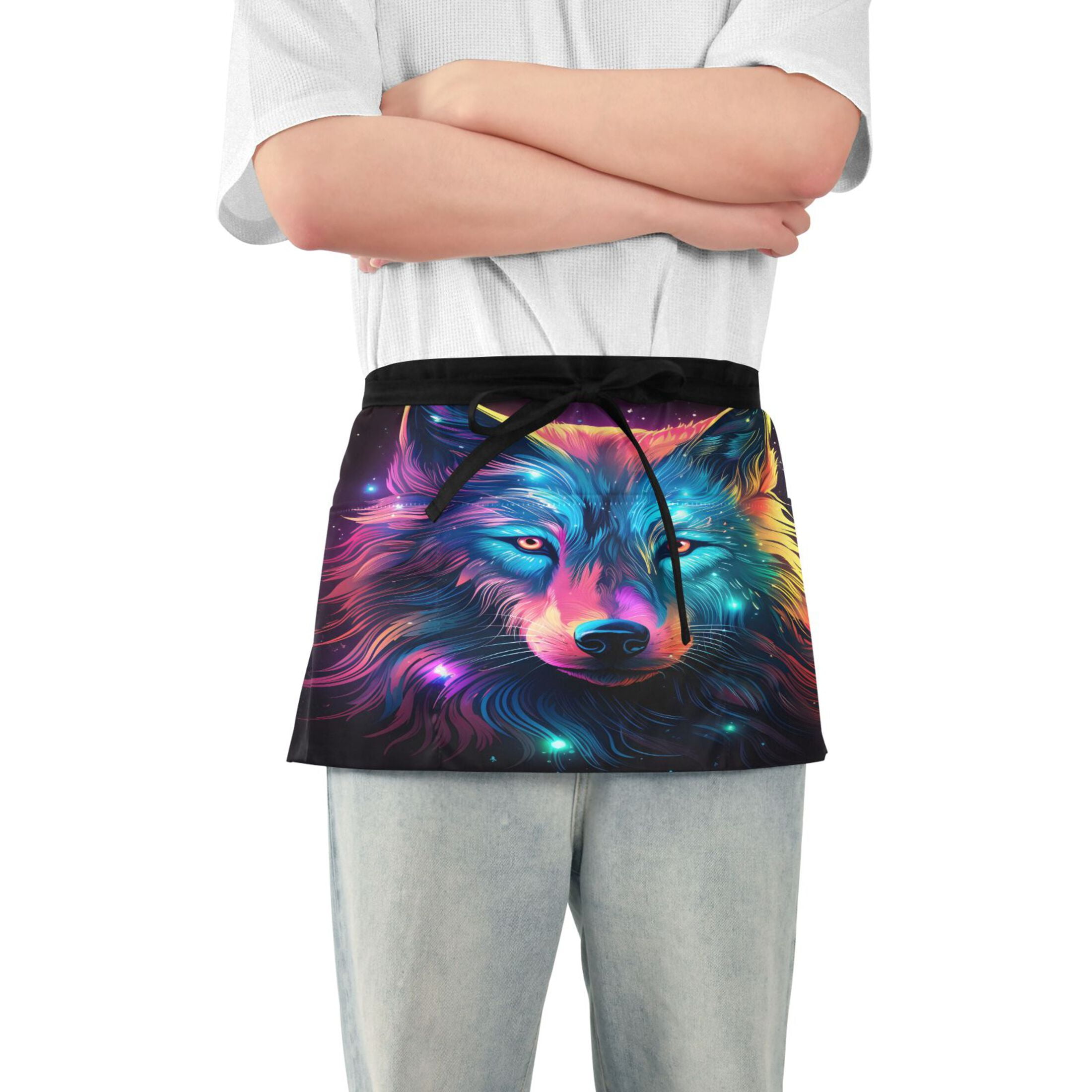 Rainbow Color Wolf Server Apron with 3 Pockets Waterproof Waitress ...