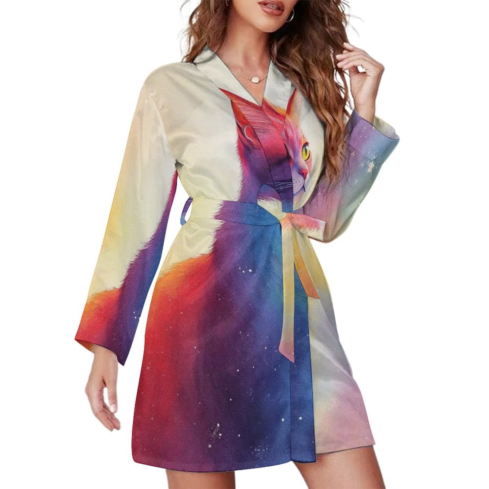 Rainbow Colored Cat Night Robe Long Sleeve V Neck Robe With Belt Women ...